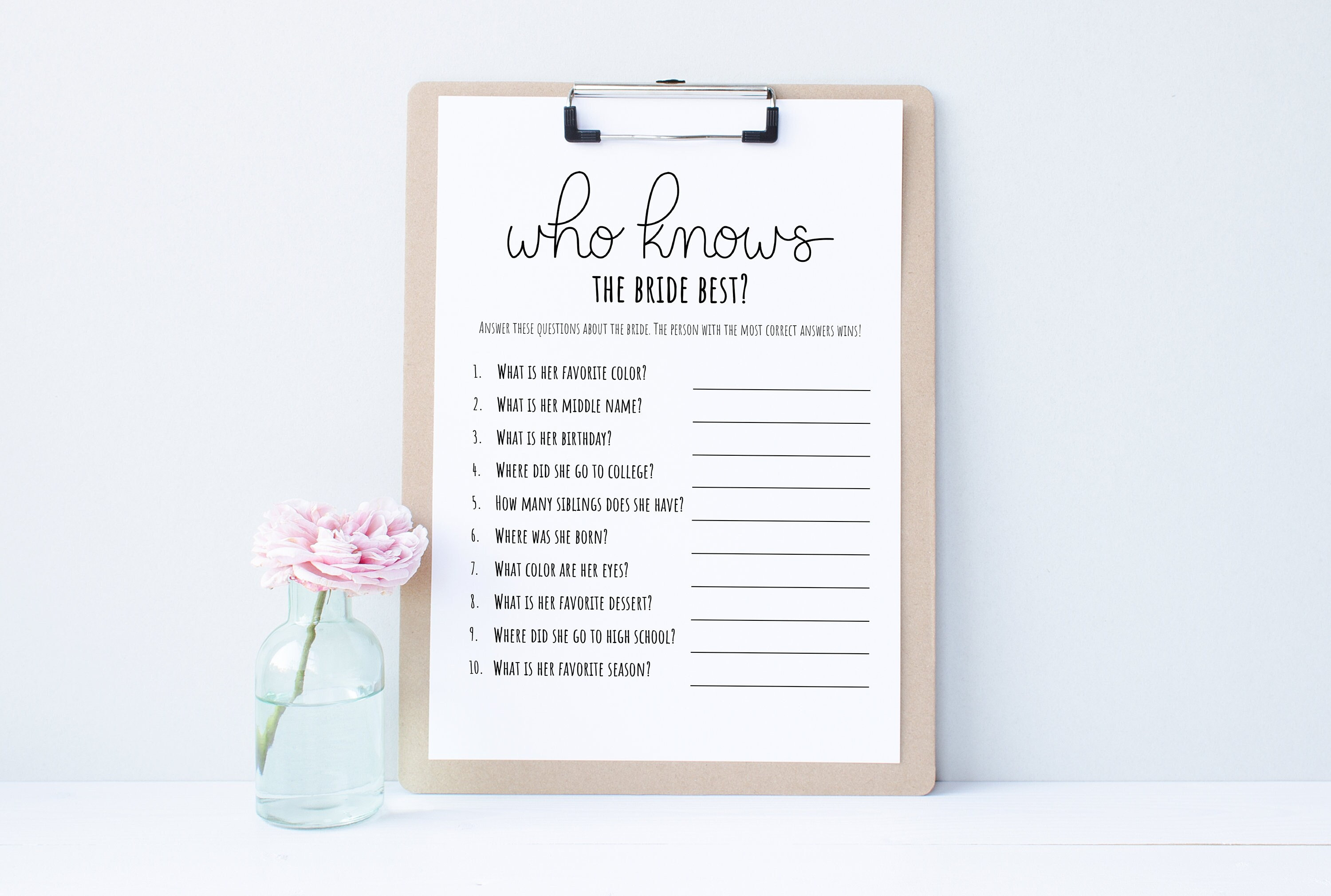 Who Knows the Bride Best Bridal Shower Game, Printable Instant Digital ...