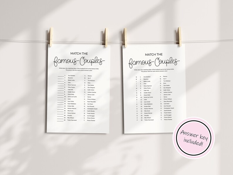 Match the Famous Couples Bridal Shower Game, Printable Instant Digital ...