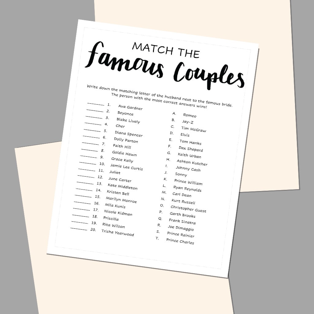 Match the Famous Couples Bridal Shower Game Printable | Etsy