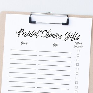 Bridal Shower Gift List, Bridal Shower Thank You Log, Wedding Shower ...