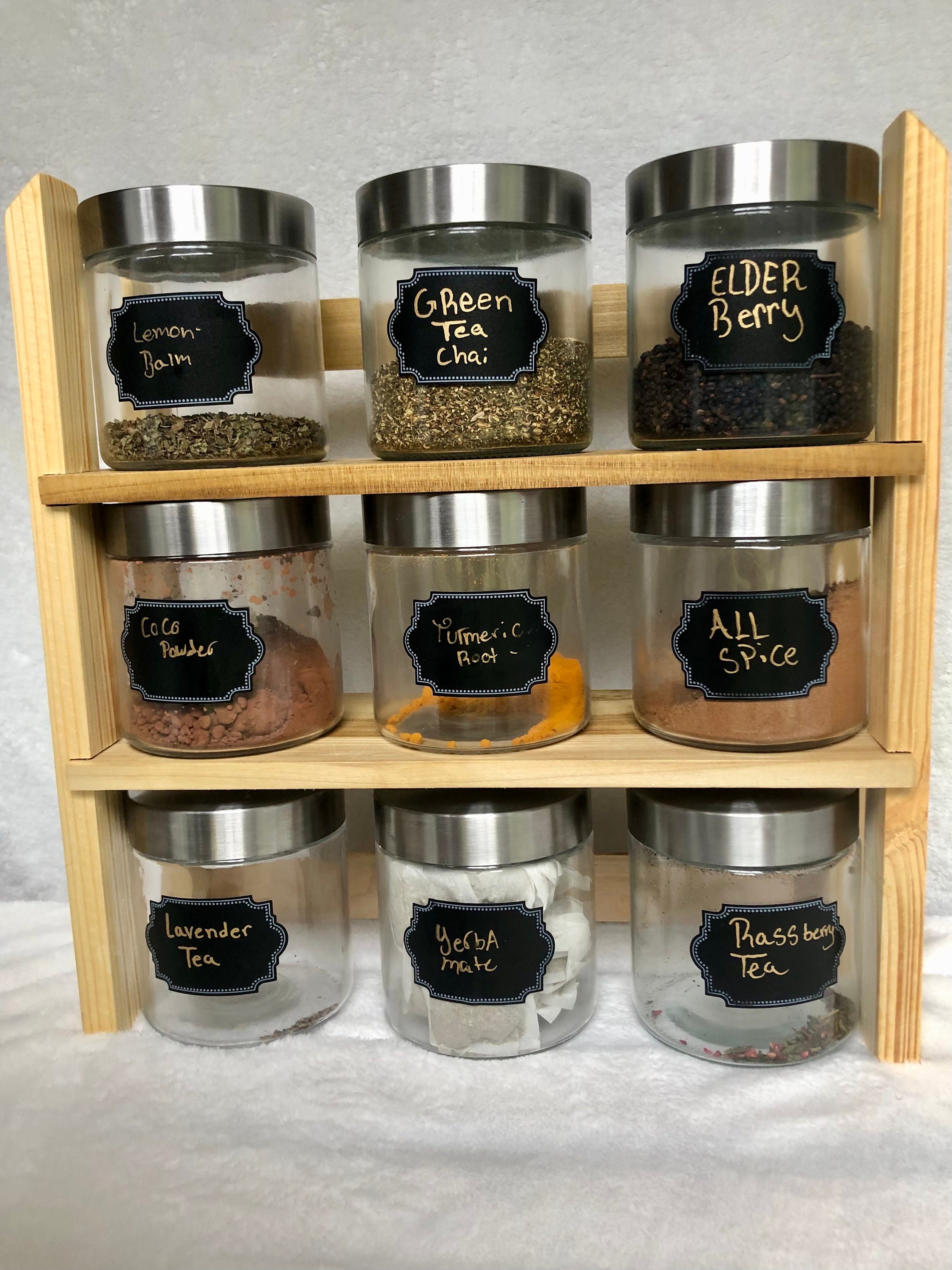 Wooden Spice/tea Rack With 9 Glass Jars - Etsy