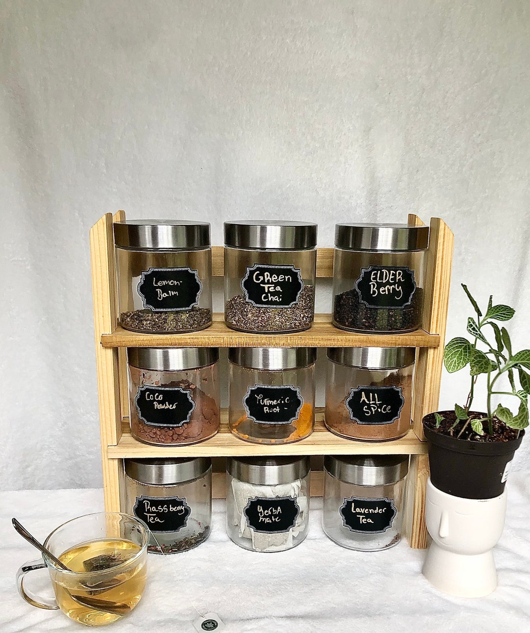 Wooden Spice/tea Rack With 9 Glass Jars - Etsy