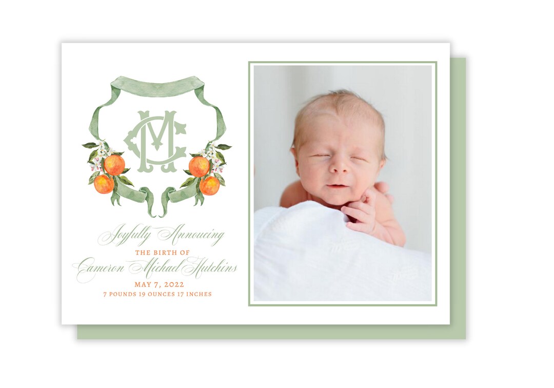 Custom Crest Monogram Birth Announcement Card, Custom Birth ...