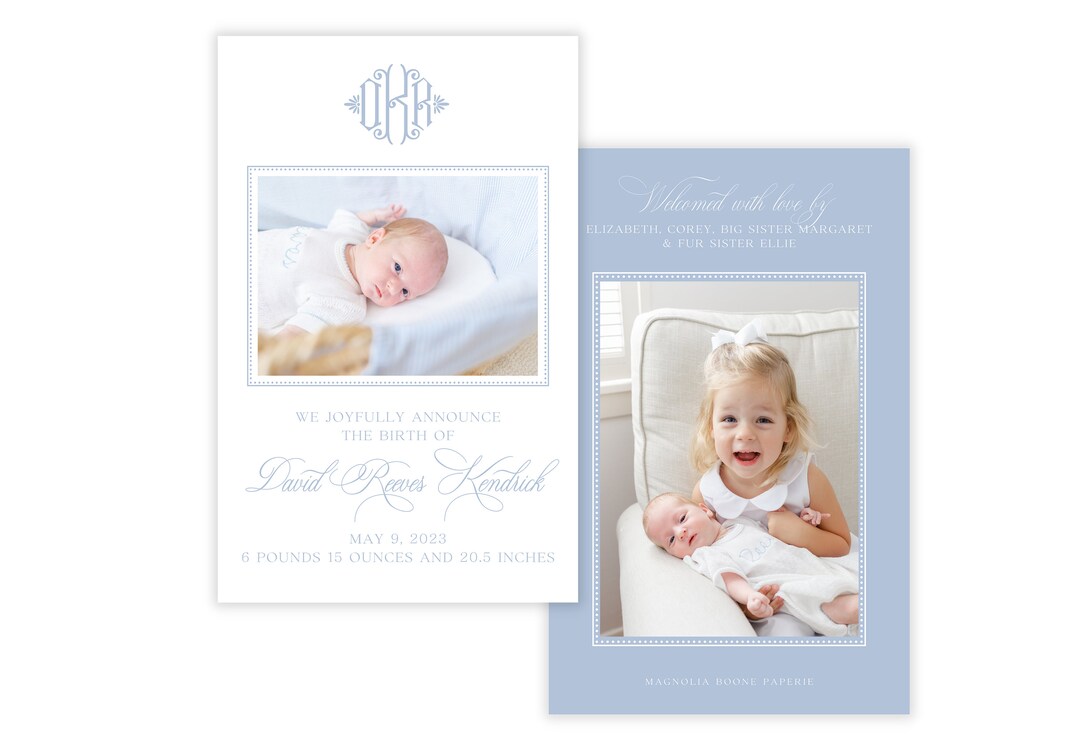 Monogram Birth Announcement Card, Custom Birth Announcement Photo Card ...