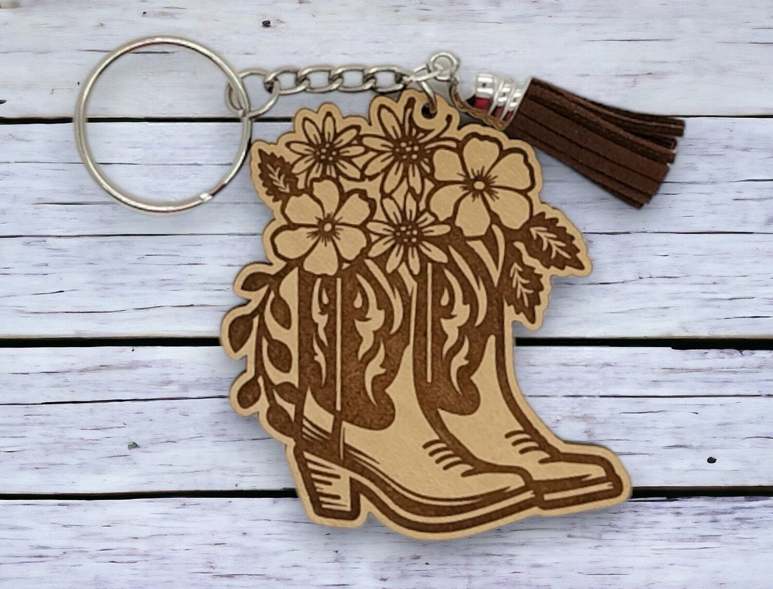 Engraved Cowgirl Boots and Flowers Keychain SVG for Laser, Cowboy Boots ...