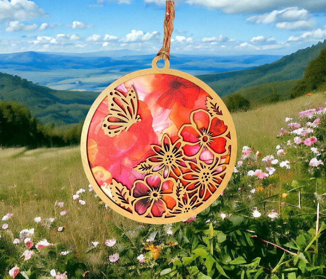 Round Butterflies and Flowers Suncatcher SVG for Laser, Flower Cut File ...