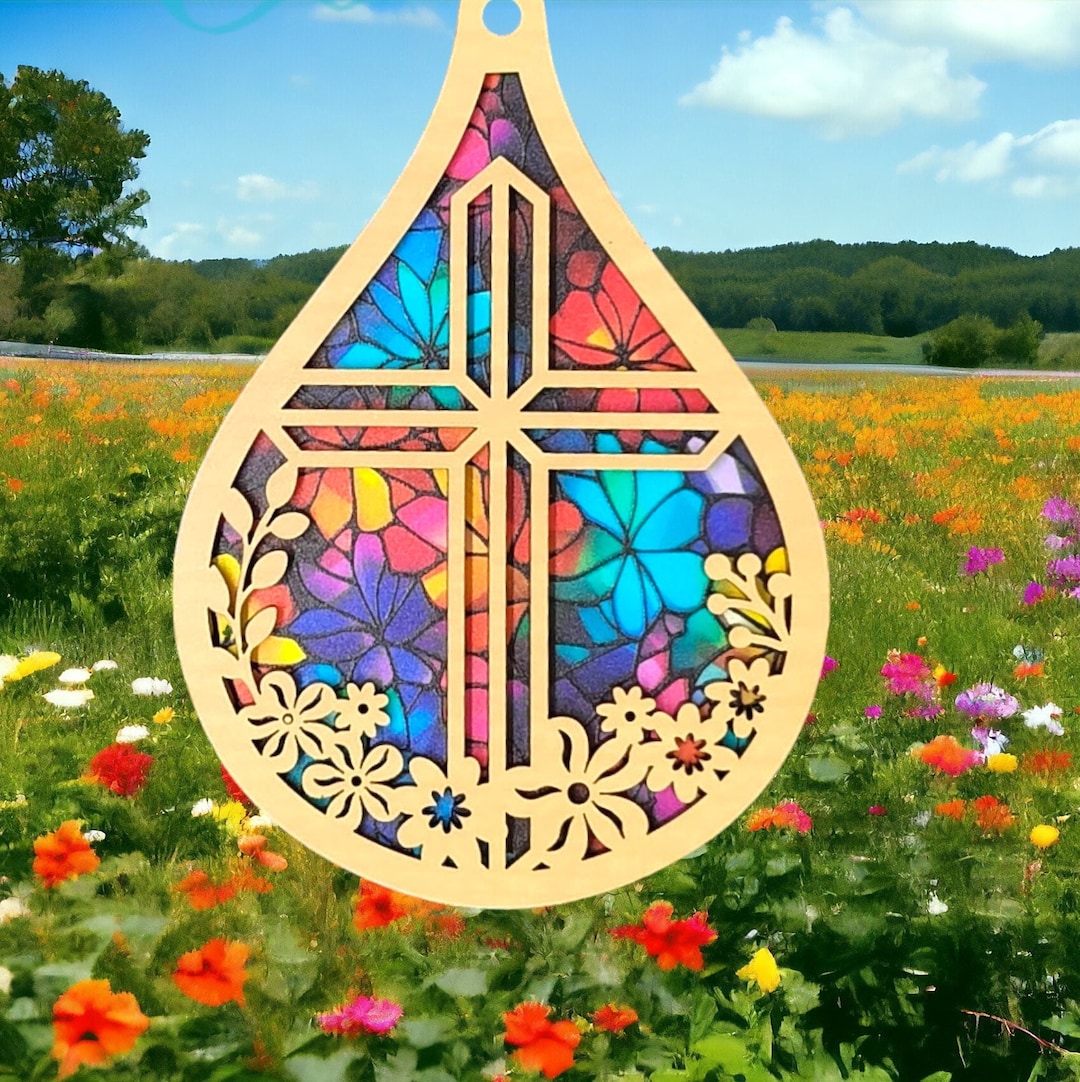 Teardrop Cross With Flowers Suncatcher SVG, Cross Ornament Cut File ...