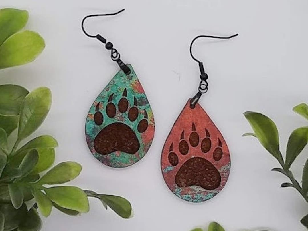 Engraved Bear Paw Earrings SVG, Bear Teardrop Earring Laser Cut File ...