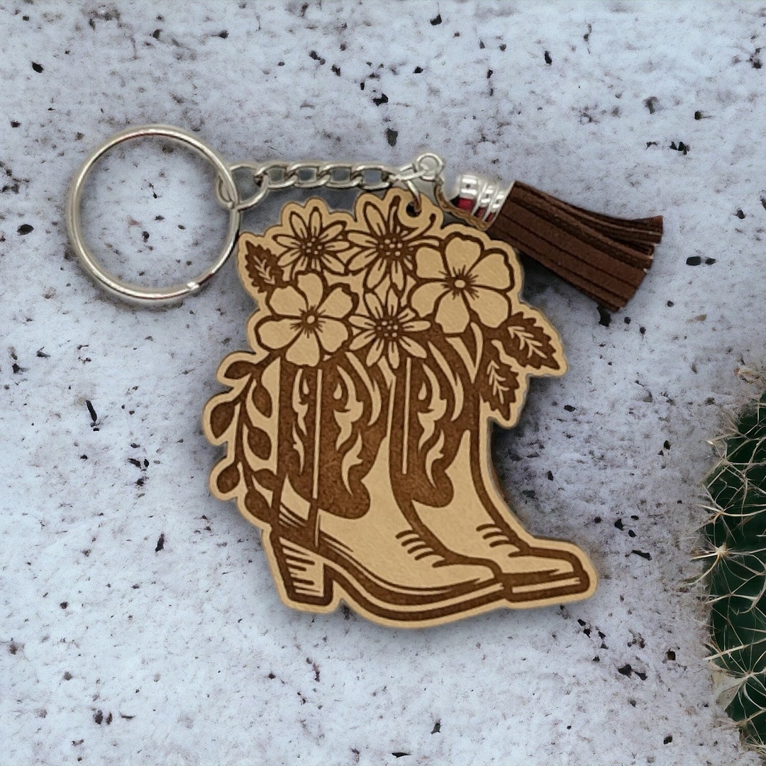 Engraved Cowgirl Boots and Flowers Keychain SVG for Laser, Cowboy Boots ...