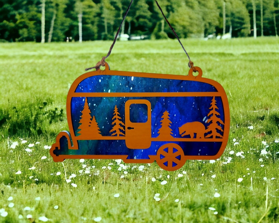 Camper and Bear Suncatcher SVG for Laser, RV Glowforge Cut File ...