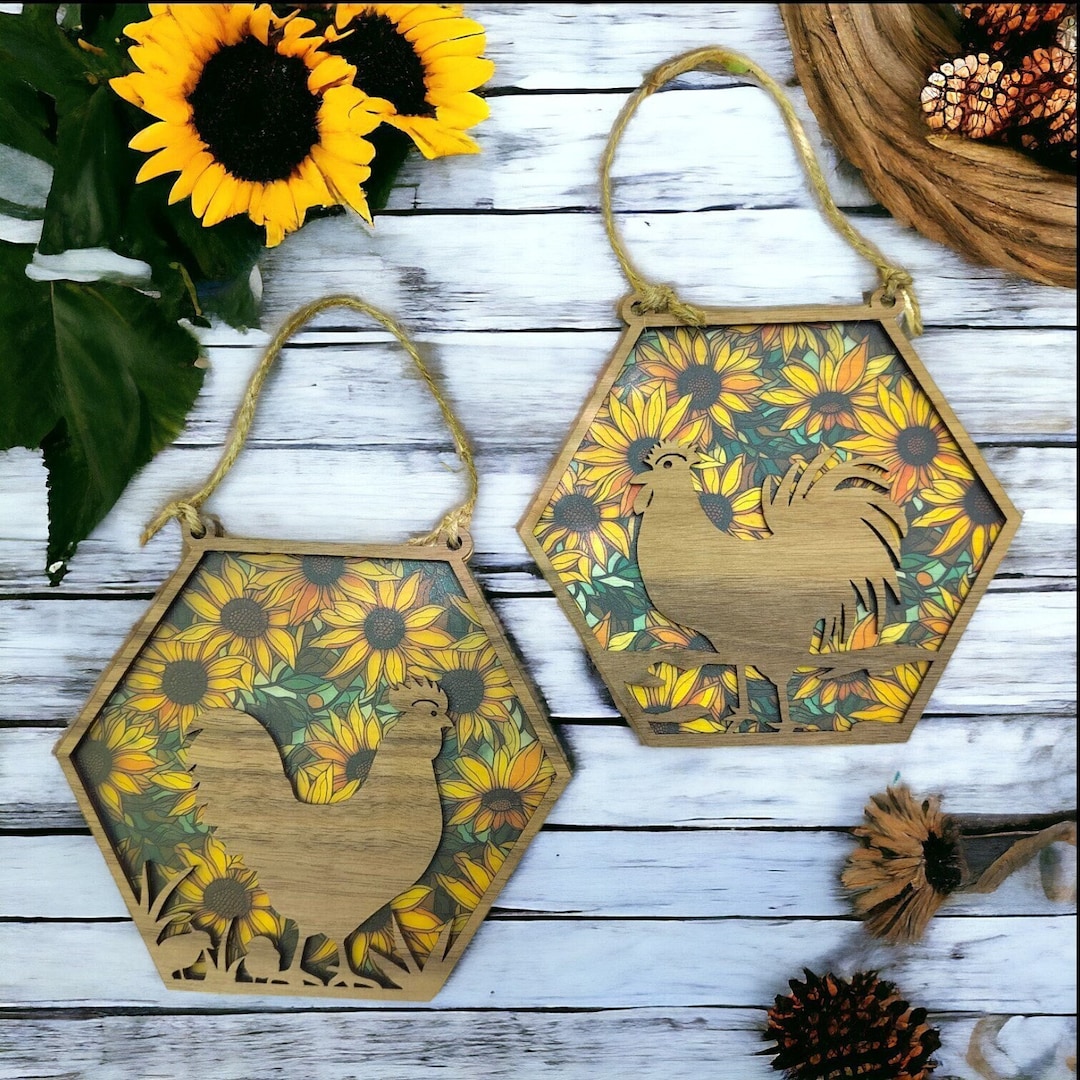 Rooster and Hen Suncatcher SVG for Laser, Chicken Cut File, Car Charm ...