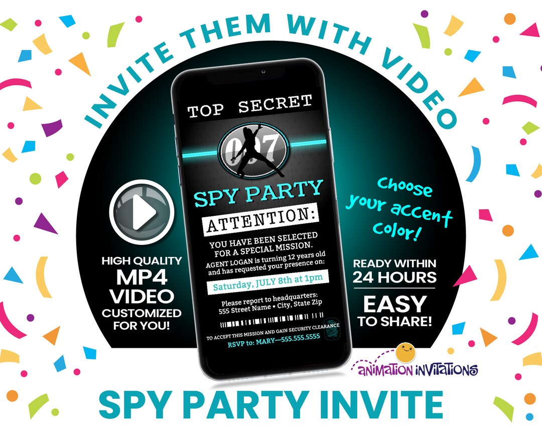 Spy Party Video Invitation Secret Agent Party Birthday Invitation Spy ...