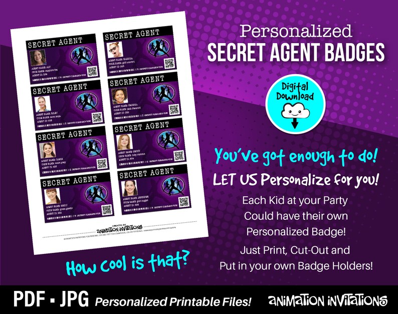 Interactive Spy Birthday Party Badges Secret Agent Party ID Badges Spy ...
