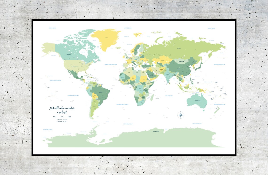 Printable Travel World Map in Green Yellow Detailed Push Pin - Etsy