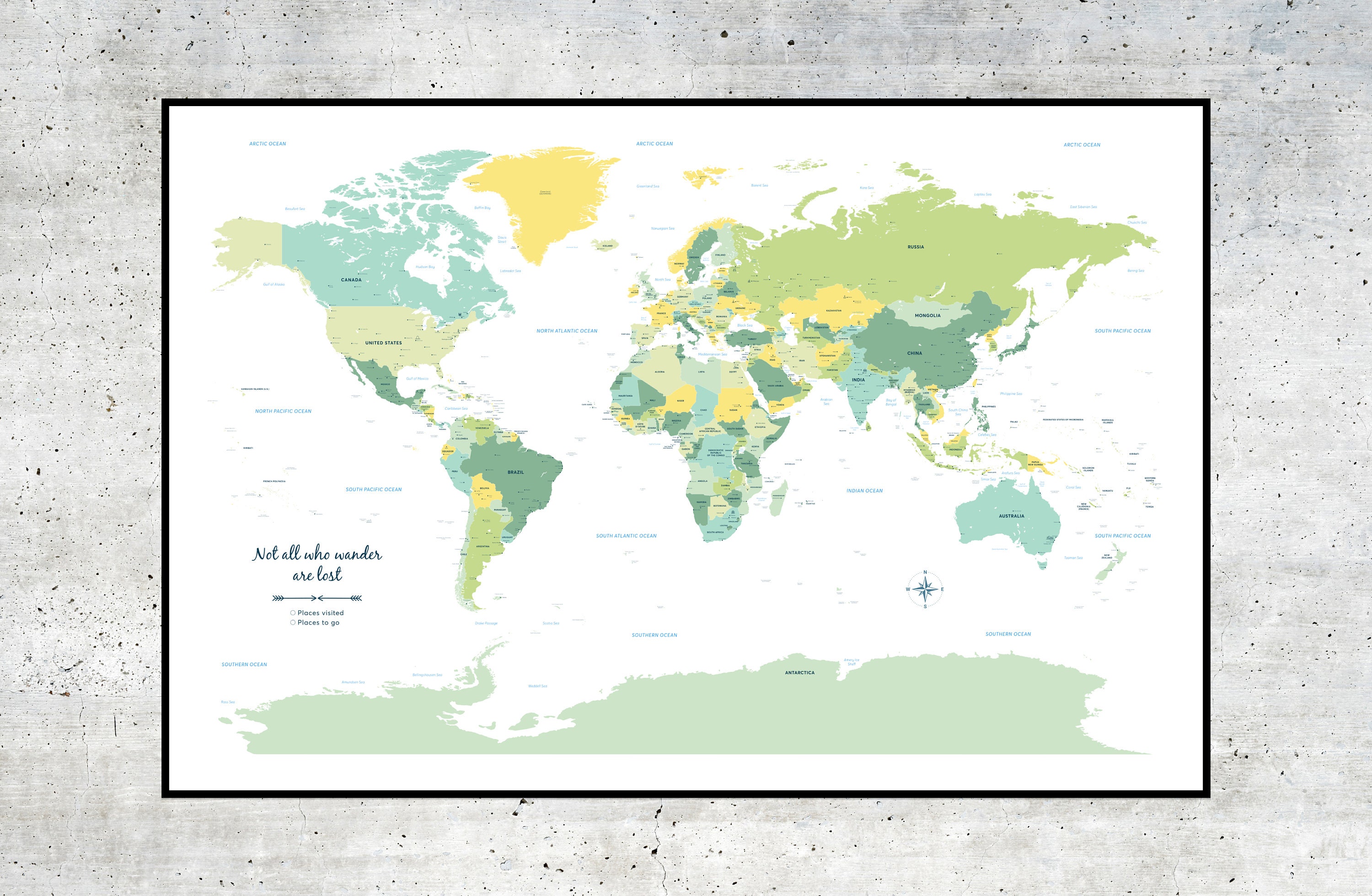 Printable Travel World Map in Green Yellow Detailed Push Pin - Etsy