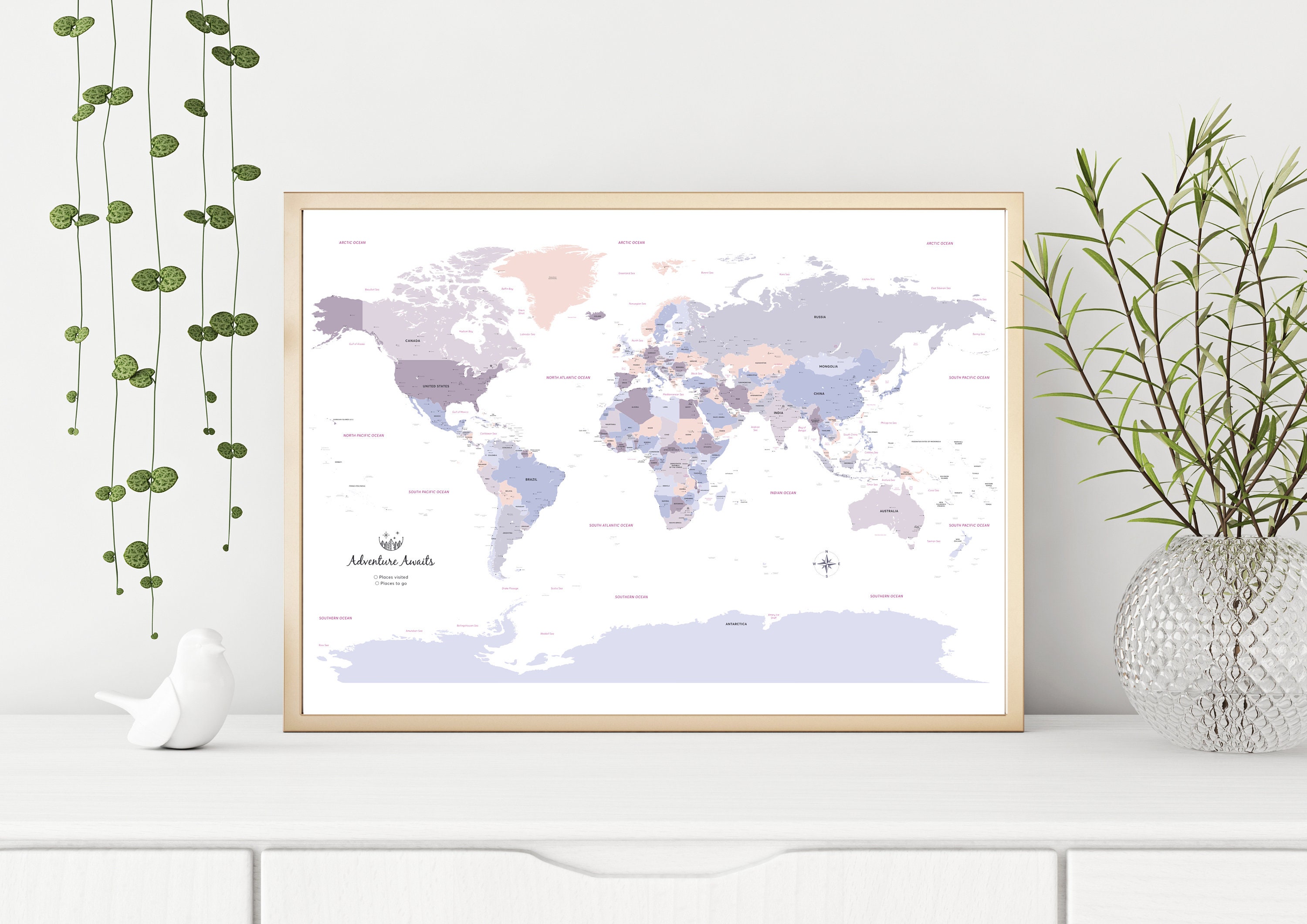 Printable Travel World Map in Pink Mauve | Detailed Push Pin Map ...