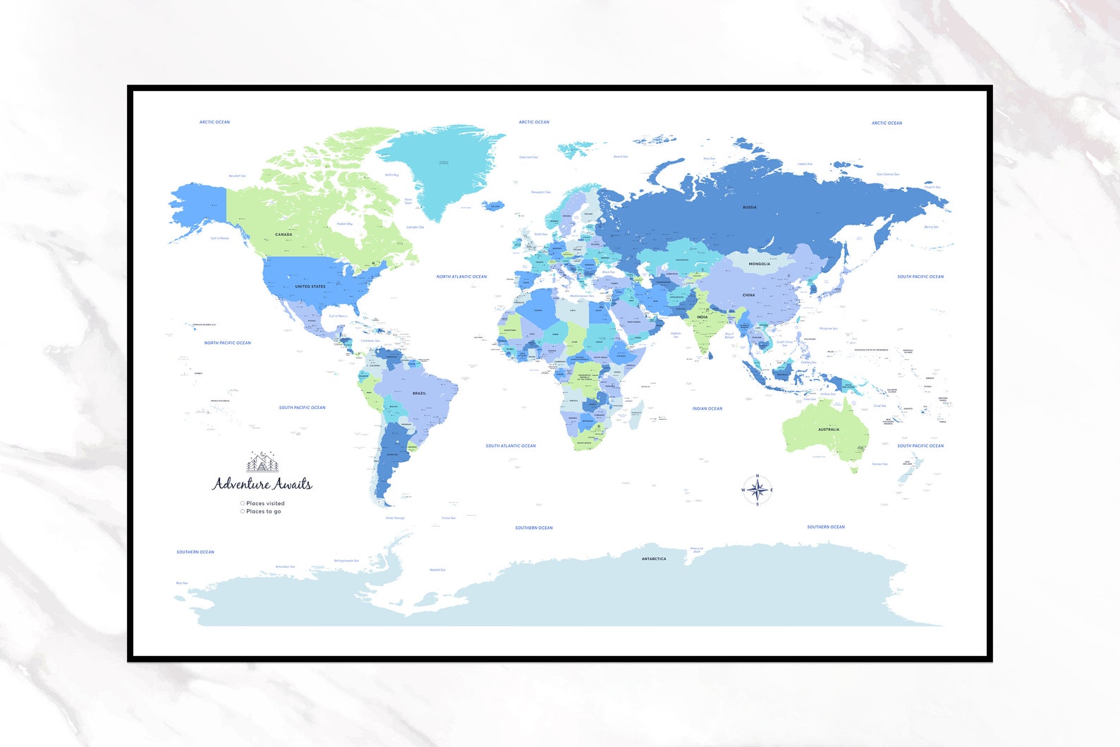 Printable Travel World Map in Blue Green | Detailed Push Pin Map ...