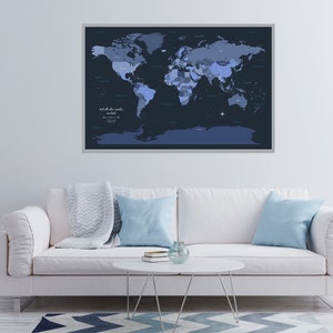 Blue Grey World Map Poster: Detailed Push Pin Travel Tracker (digital ...