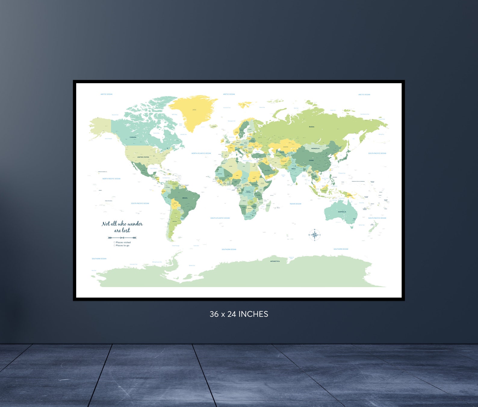 Printable Travel World Map in Green Yellow Detailed Push Pin - Etsy