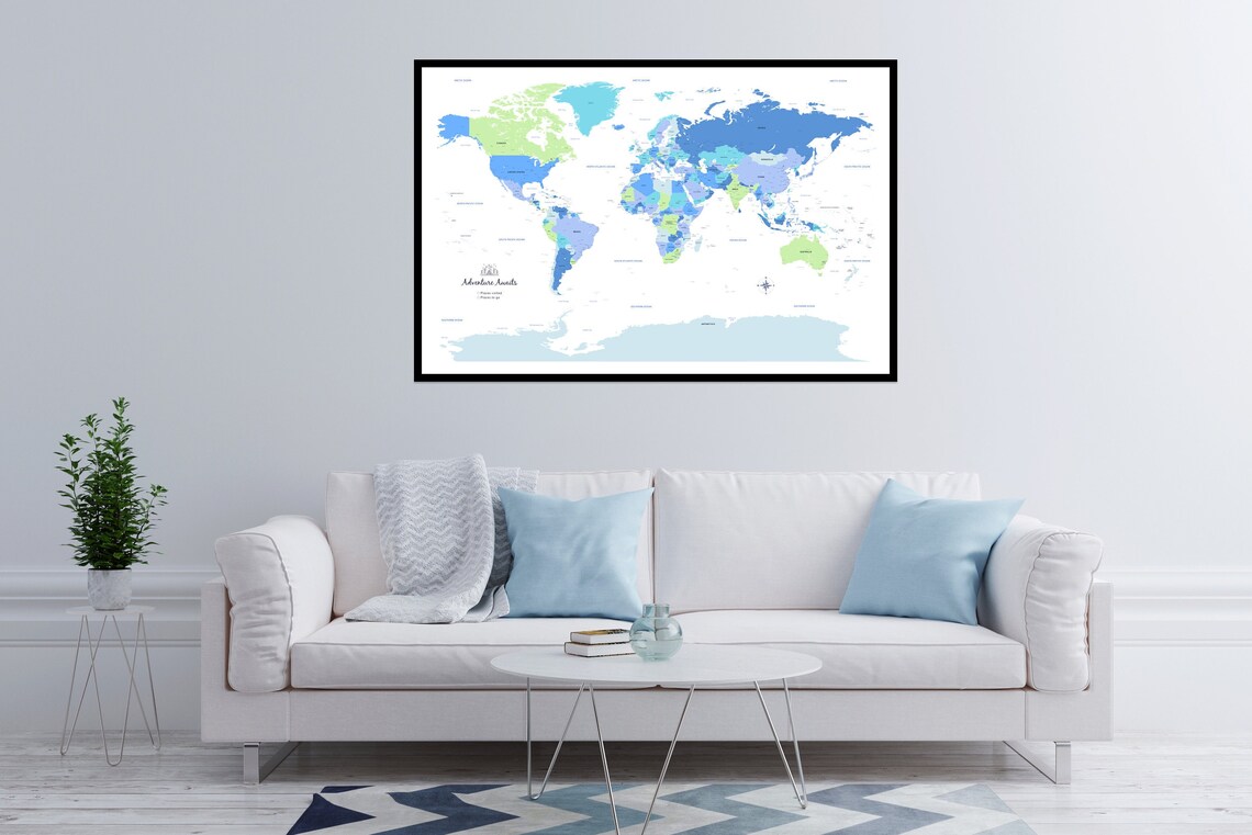 Printable Travel World Map in Blue Green | Detailed Push Pin Map ...