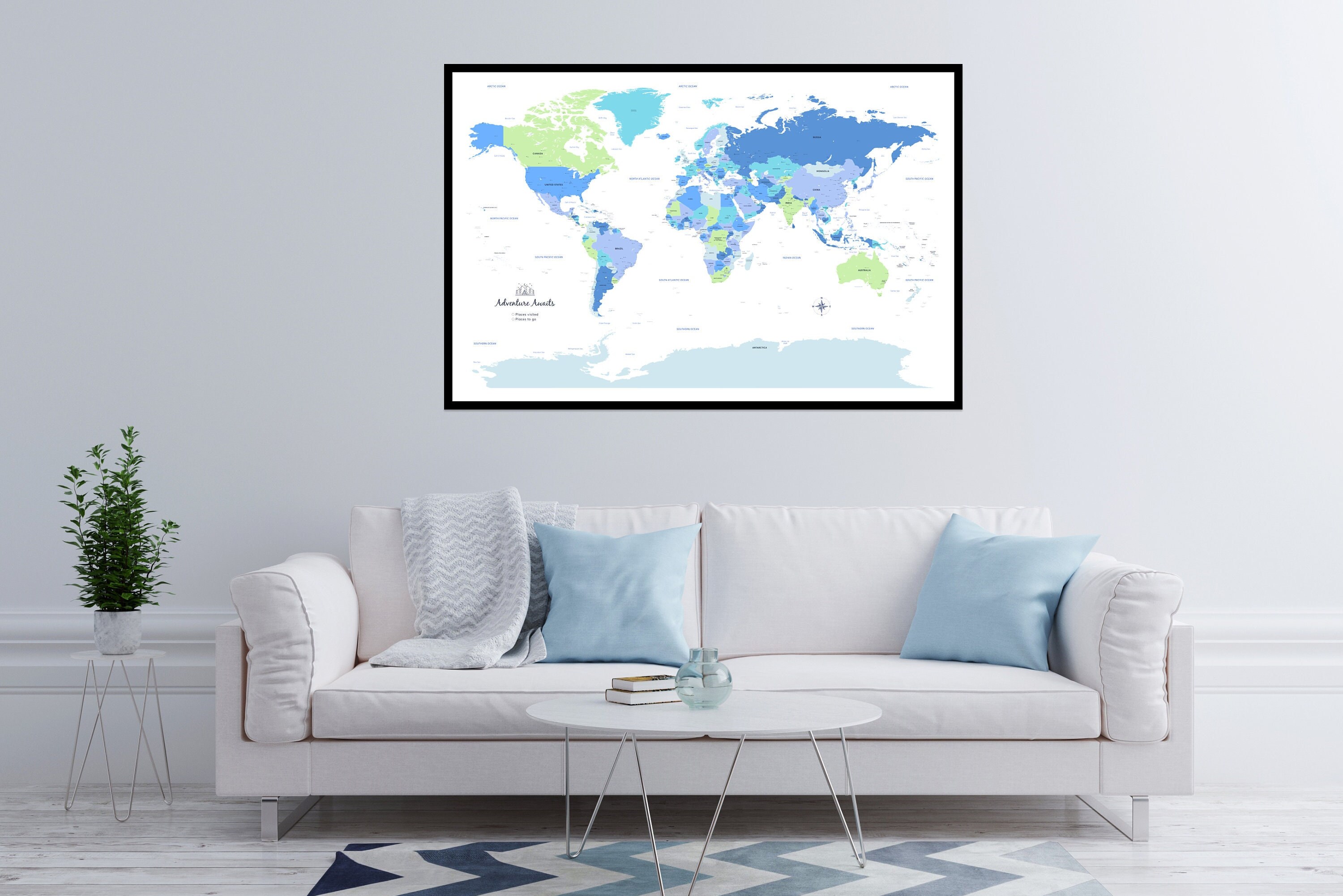 Printable Blue Green Travel World Map: Detailed Push Pin Map (digital ...