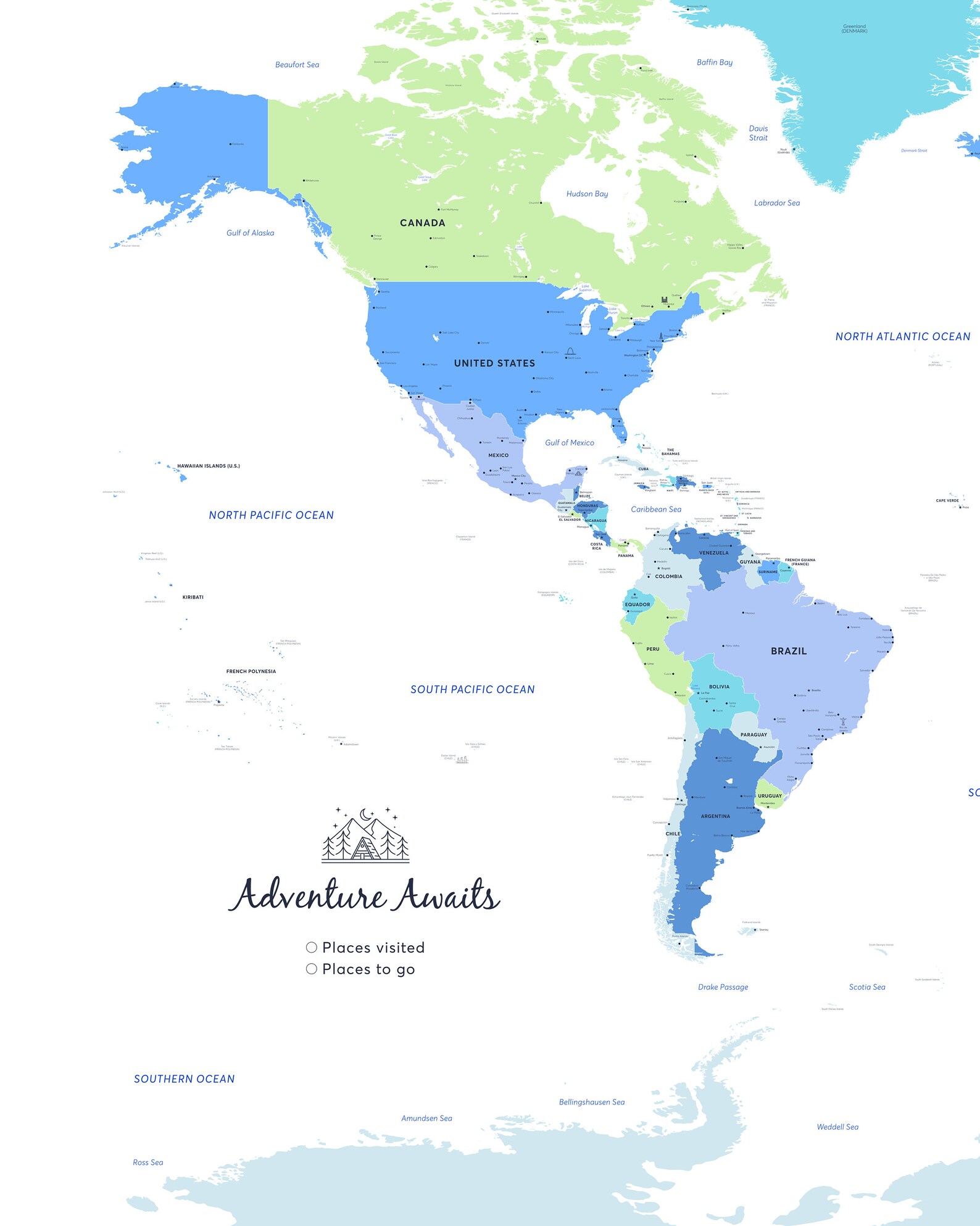 Printable Travel World Map in Blue Green | Detailed Push Pin Map ...