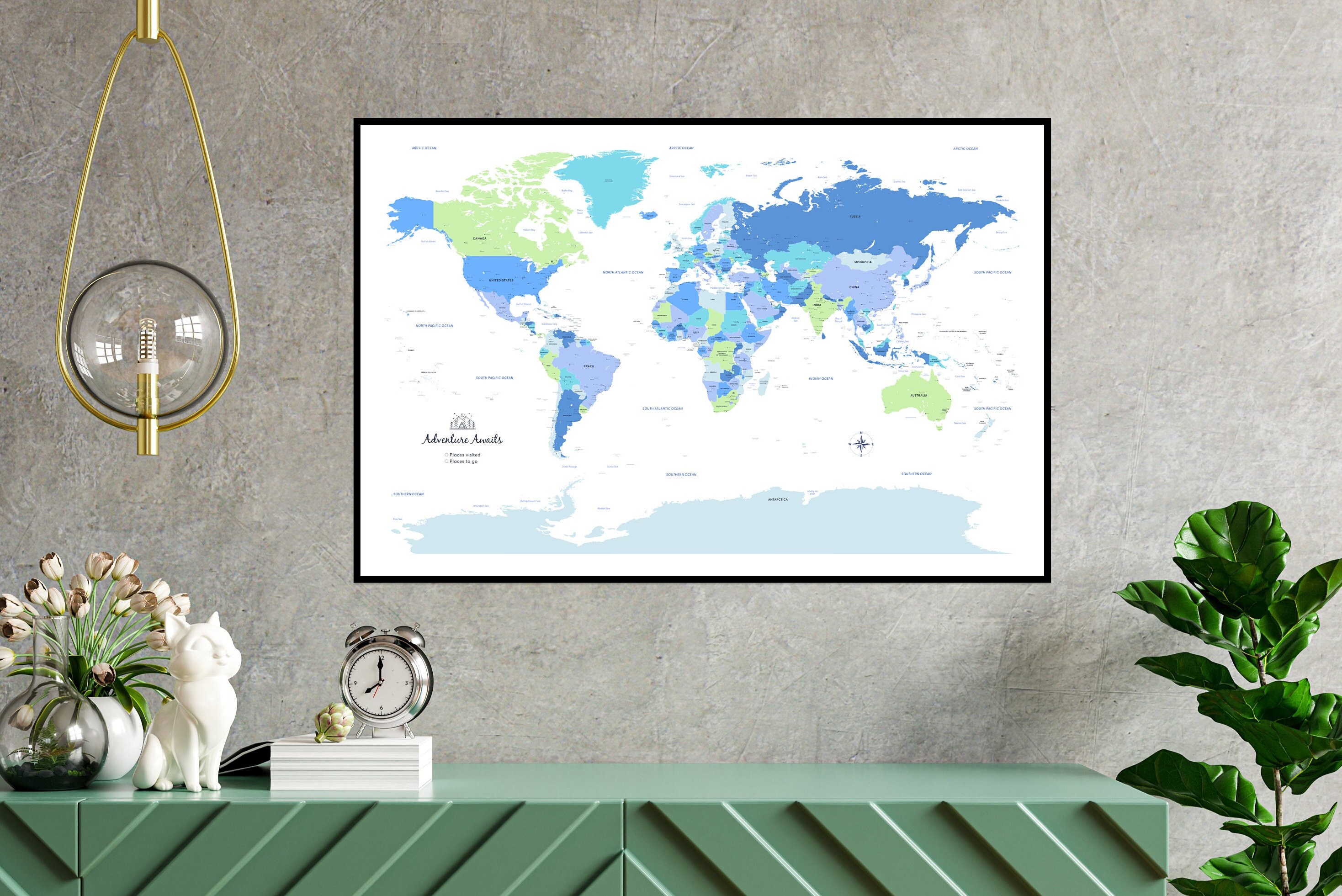 Printable Travel World Map in Blue Green | Detailed Push Pin Map ...