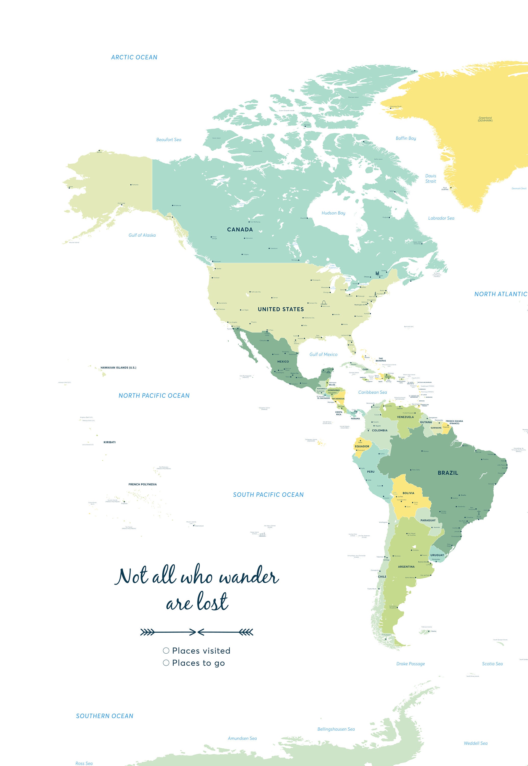 Printable Travel World Map in Green Yellow | Detailed Push Pin Map ...
