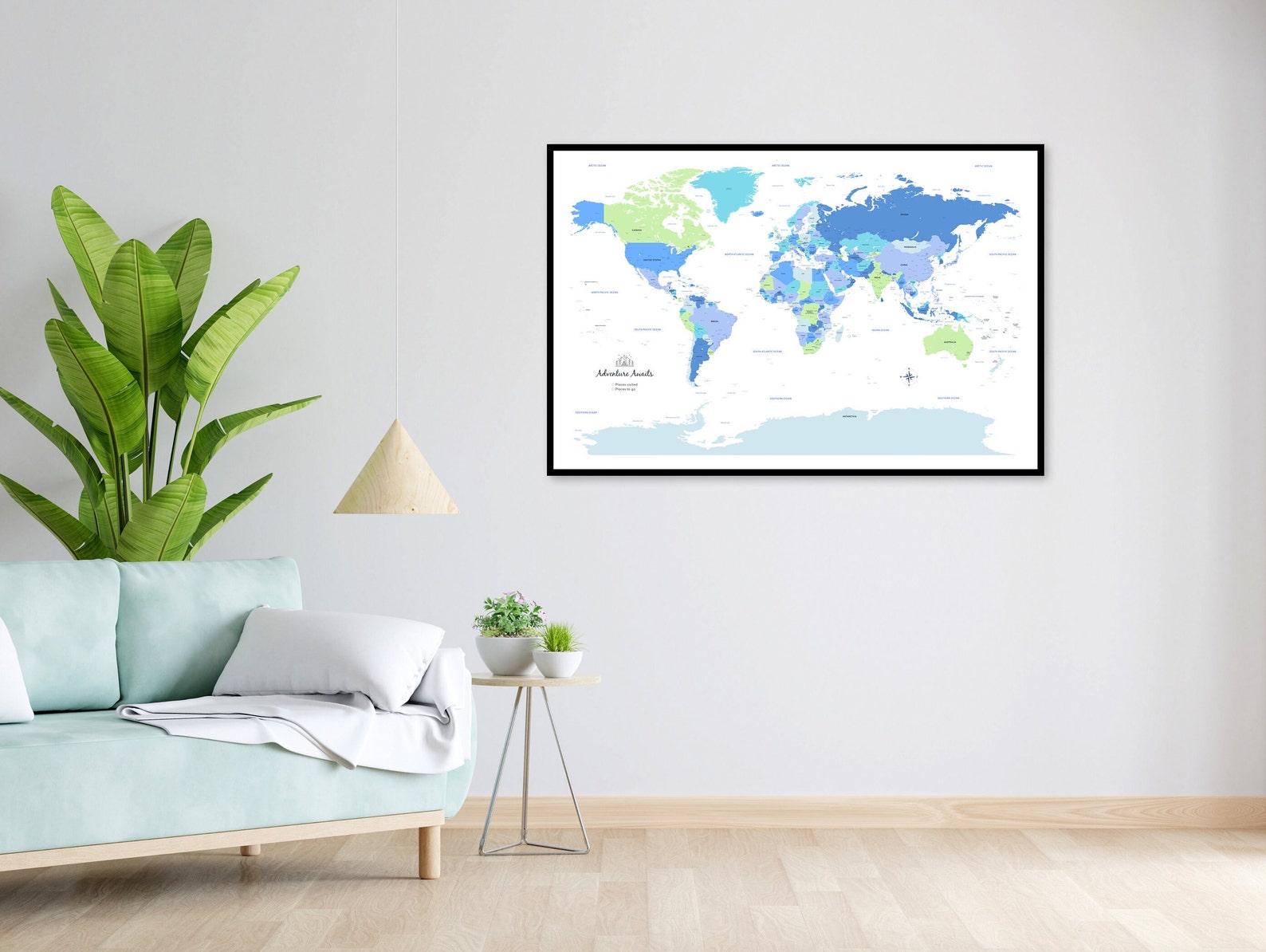 Printable Travel World Map in Blue Green | Detailed Push Pin Map ...