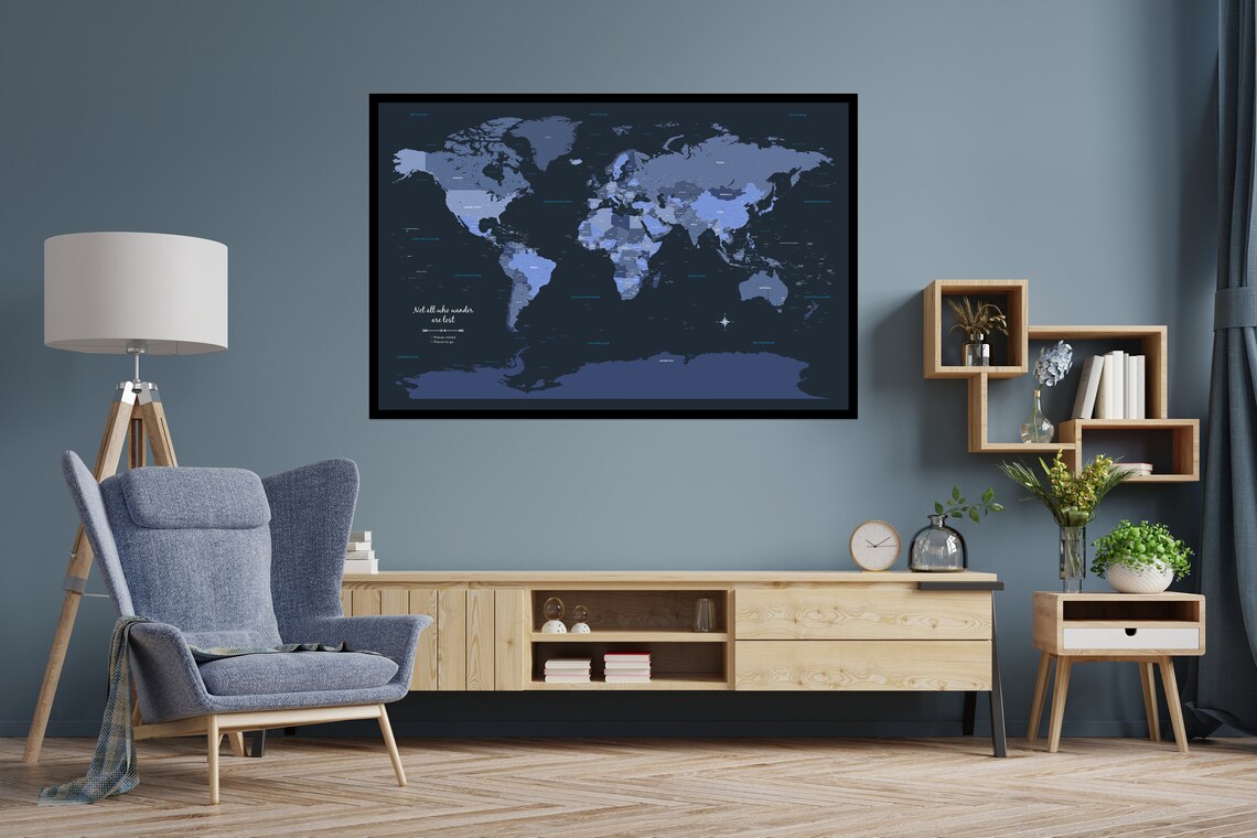 Blue Grey World Map Poster: Detailed Push Pin Travel Tracker (digital ...