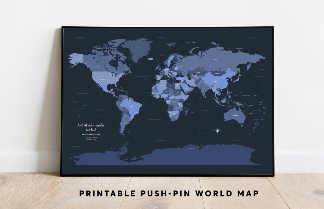 Blue Grey World Map Poster: Detailed Push Pin Travel Tracker (digital ...