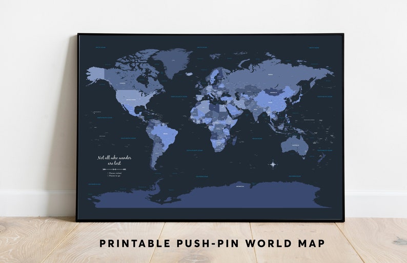 Printable Travel World Map in Blue Grey | Dark Detailed Push Pin Map ...