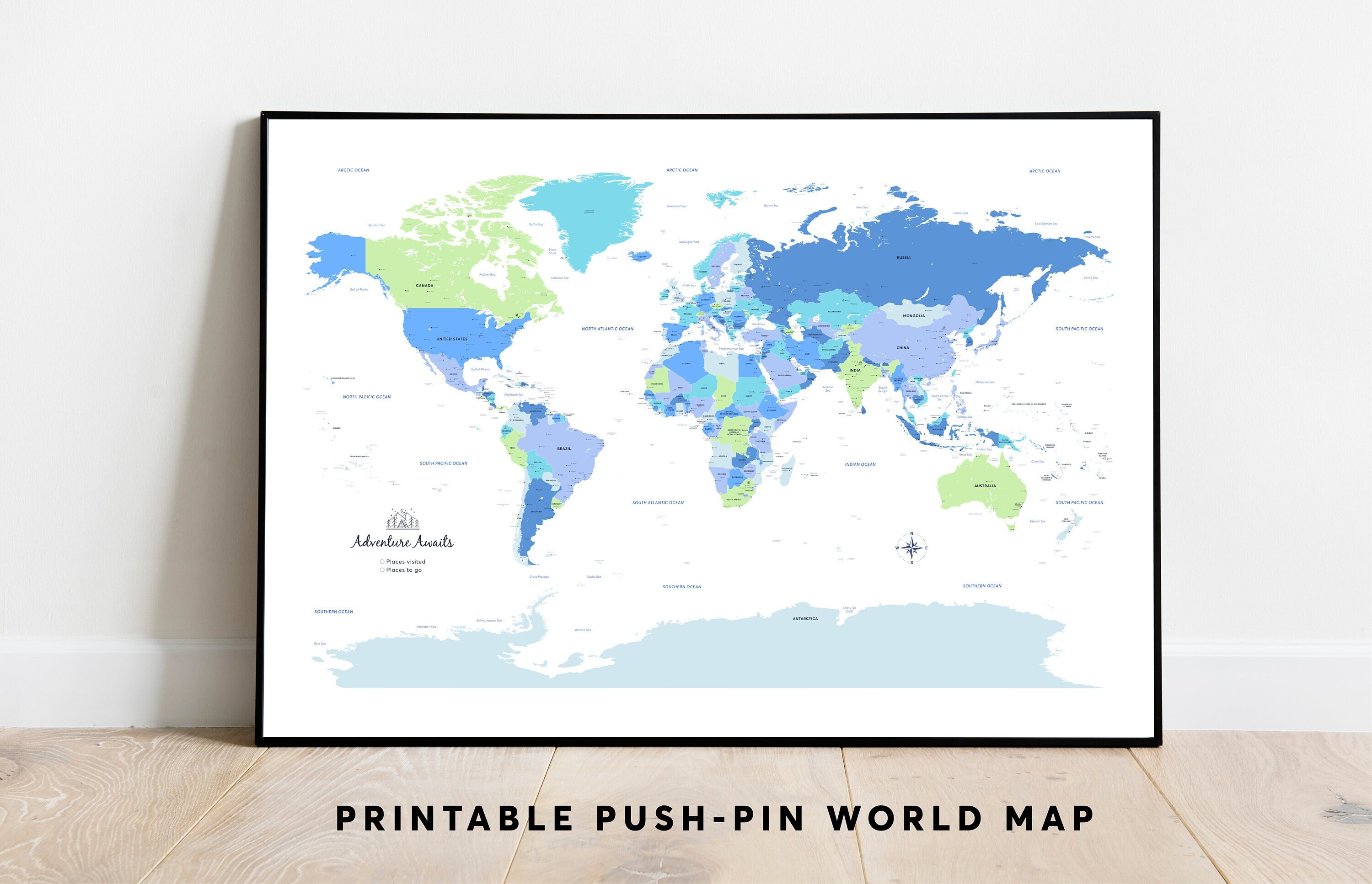 Printable Blue Green Travel World Map: Detailed Push Pin Map (digital ...
