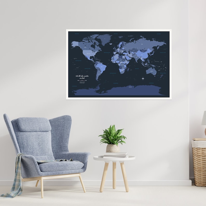 Blue Grey World Map Poster: Detailed Push Pin Travel Tracker (digital ...