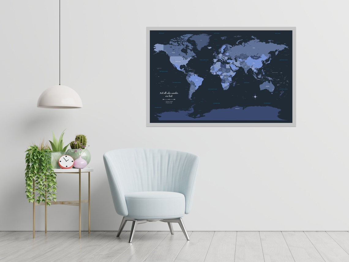 Blue Grey World Map Poster: Detailed Push Pin Travel Tracker (digital ...