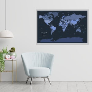 Blue Grey World Map Poster: Detailed Push Pin Travel Tracker (digital ...