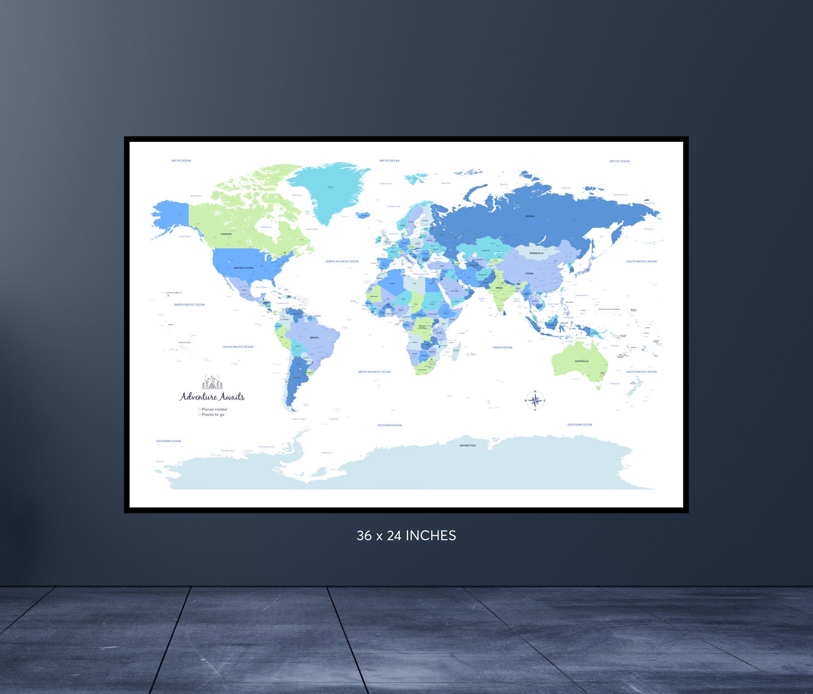 Printable Travel World Map in Blue Green | Detailed Push Pin Map ...