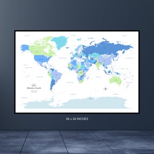 Printable Travel World Map in Blue Green | Detailed Push Pin Map ...