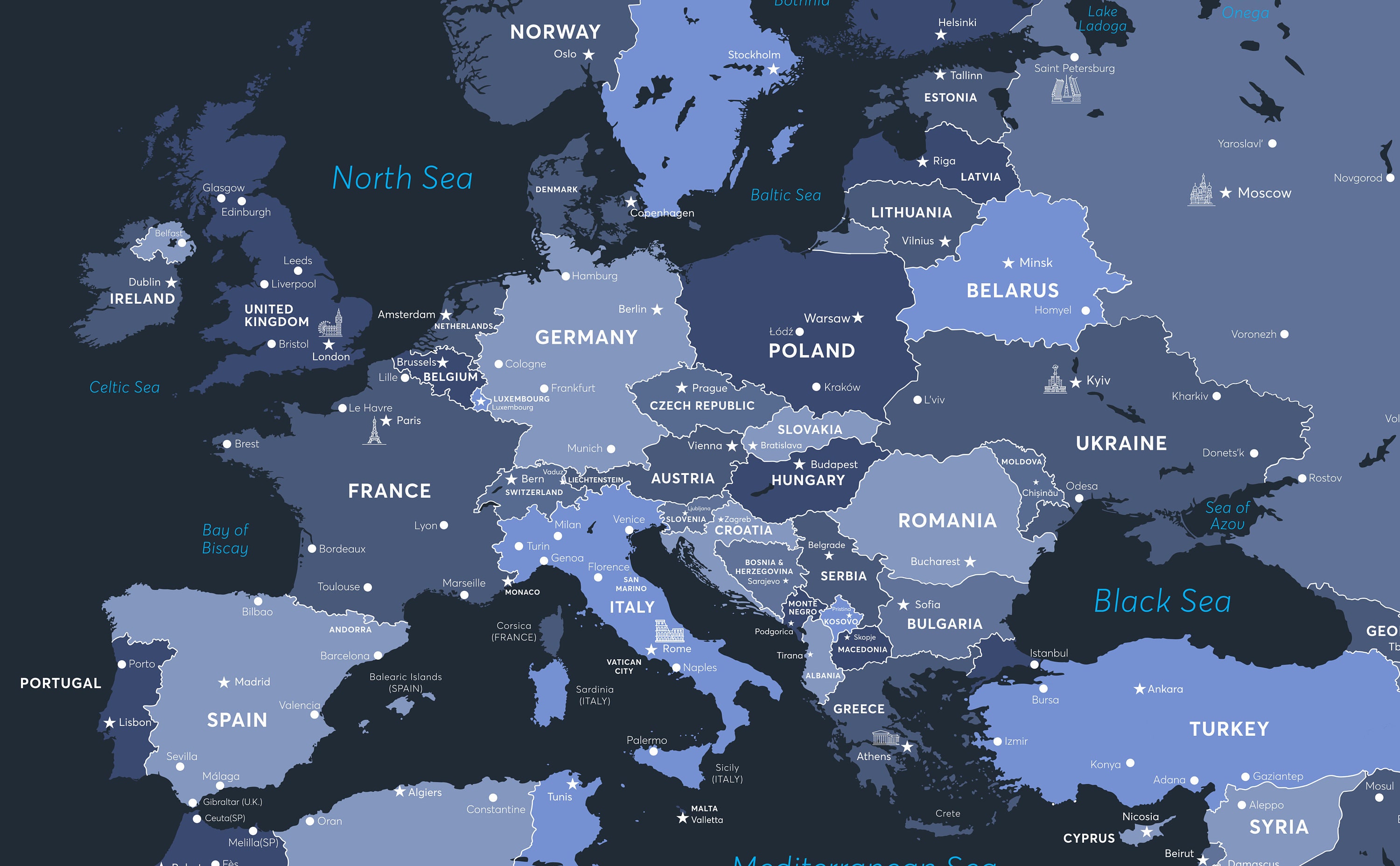 Printable Travel World Map in Blue Grey | Dark Detailed Push Pin Map ...