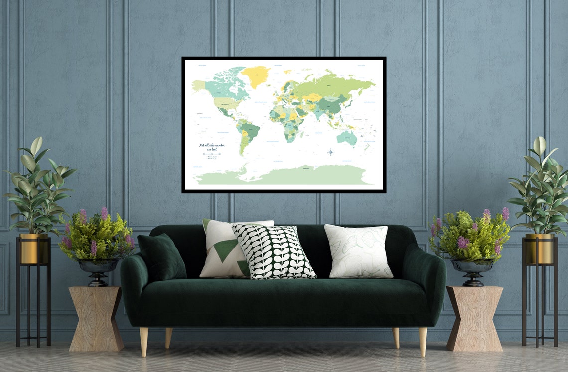 Printable Travel World Map in Green Yellow Detailed Push Pin - Etsy