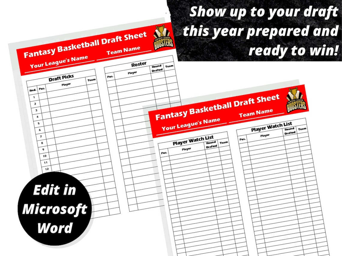Editable Fantasy Basketball Draft Sheets | 2024 Season | Microsoft Word ...