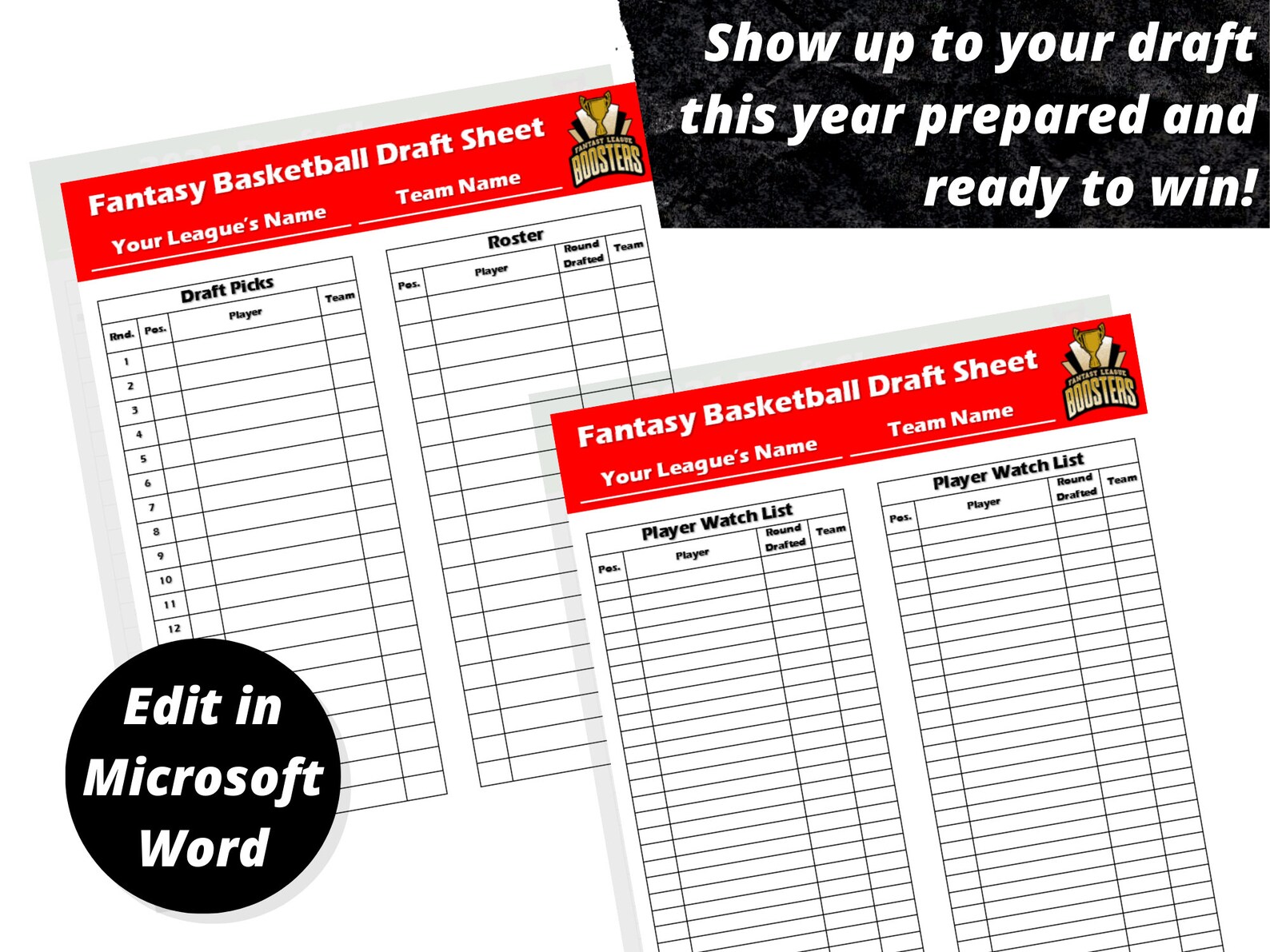 Editable Fantasy Basketball Draft Sheets | 2026 Season | Microsoft Word ...