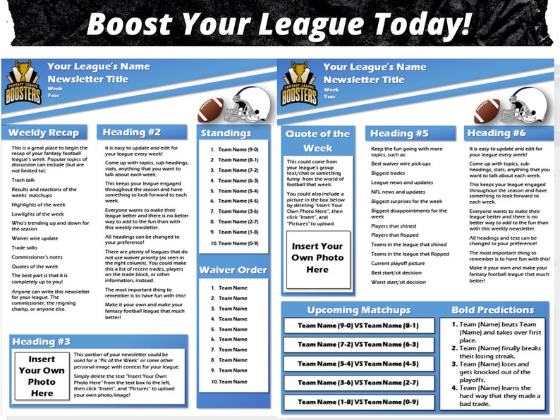 Fantasy Football Newsletter 2 Page Editable Template Etsy