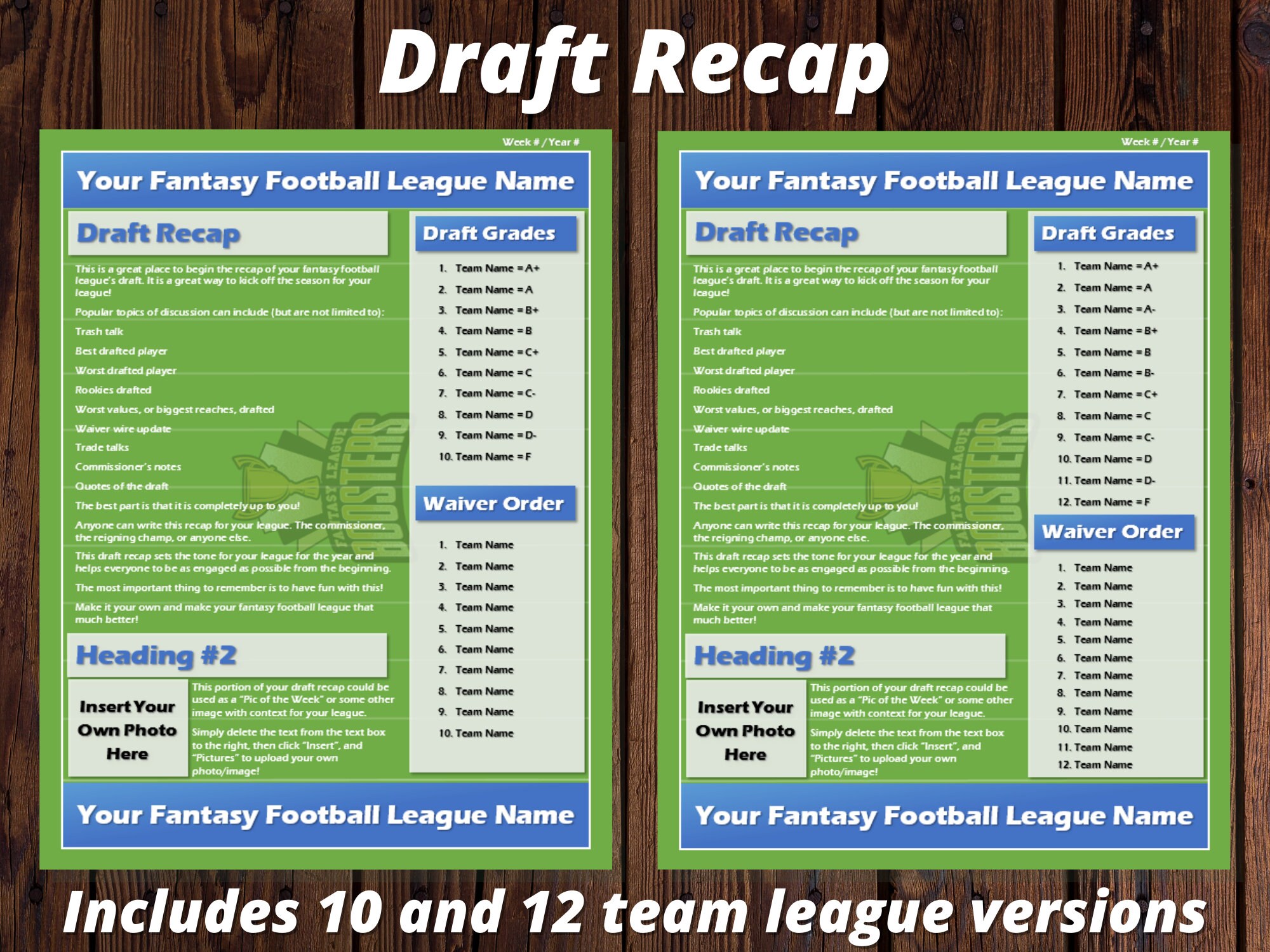 Fantasy Football Draft Kit | 10 Team and 12 Team | Draft Sheets | Draft ...