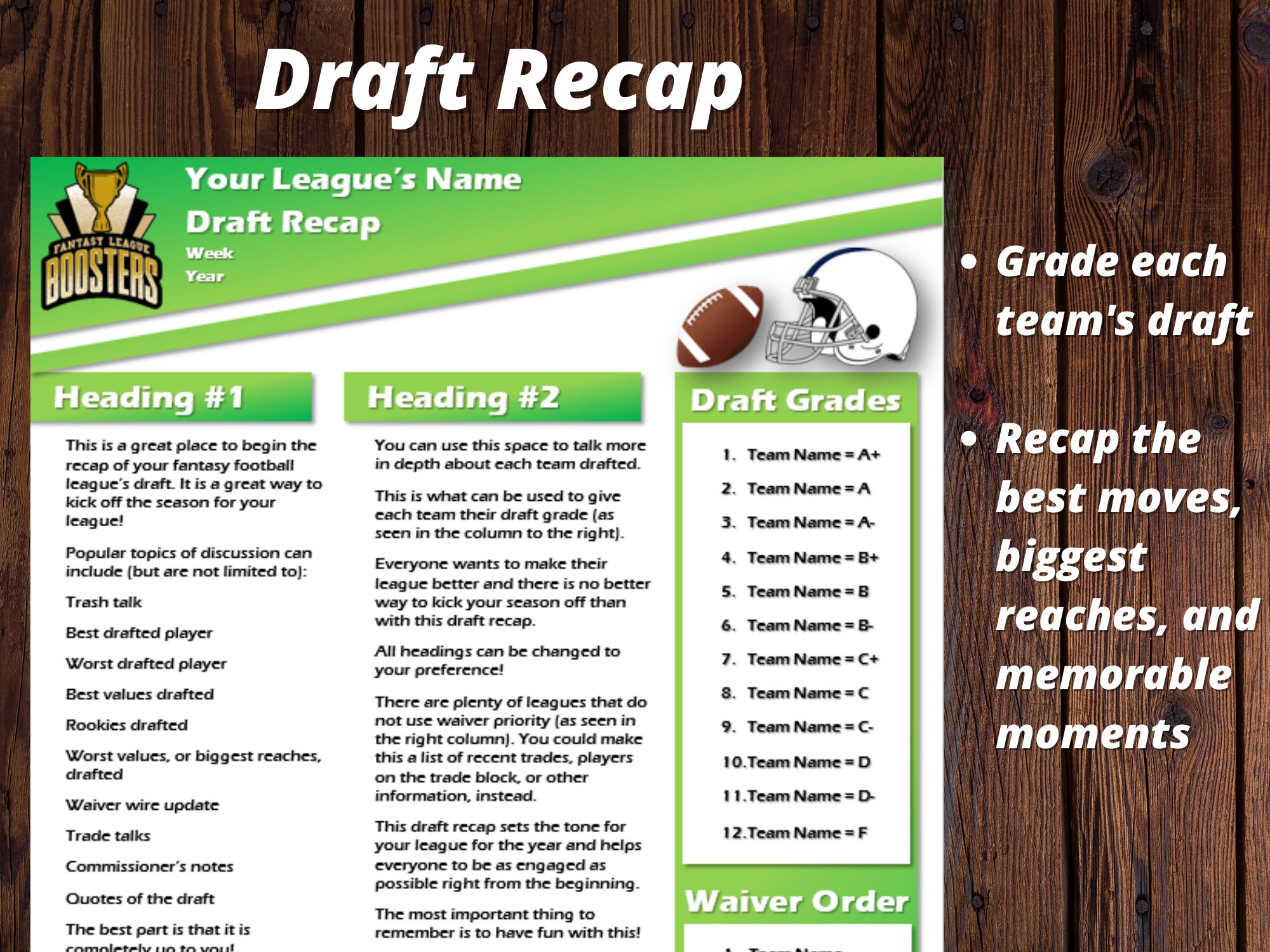 Fantasy Football Draft Kit | Draft Sheets | Draft Recap | League Awards ...
