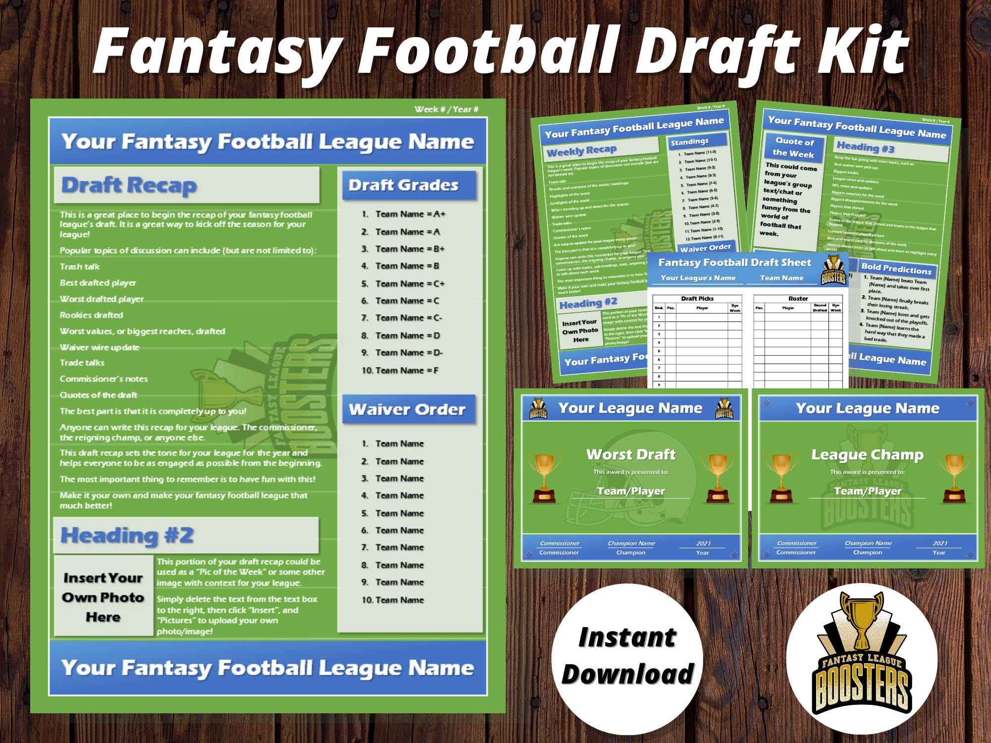 Fantasy Football Draft Kit | 10 Team and 12 Team | Draft Sheets | Draft ...