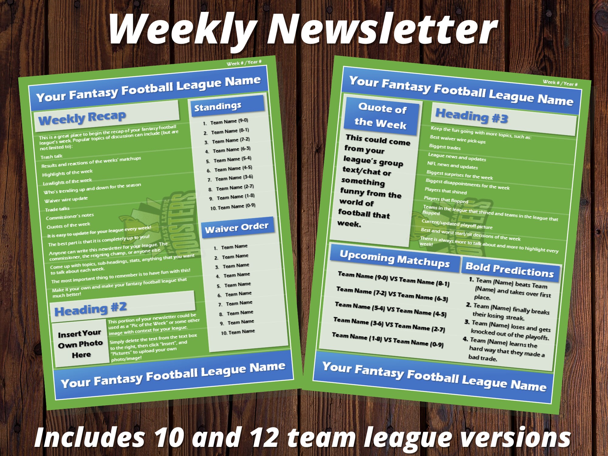 Fantasy Football Draft Kit | 10 Team and 12 Team | Draft Sheets | Draft ...