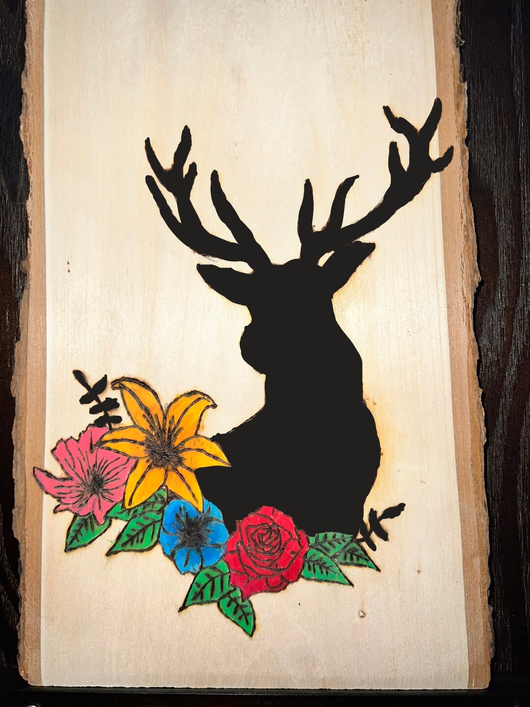Wood Burned Deer With Colourful Flowers - Etsy