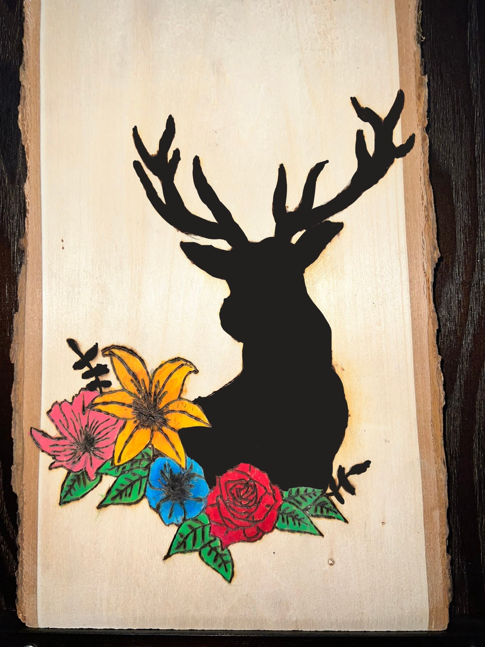 Wood Burned Deer With Colourful Flowers - Etsy