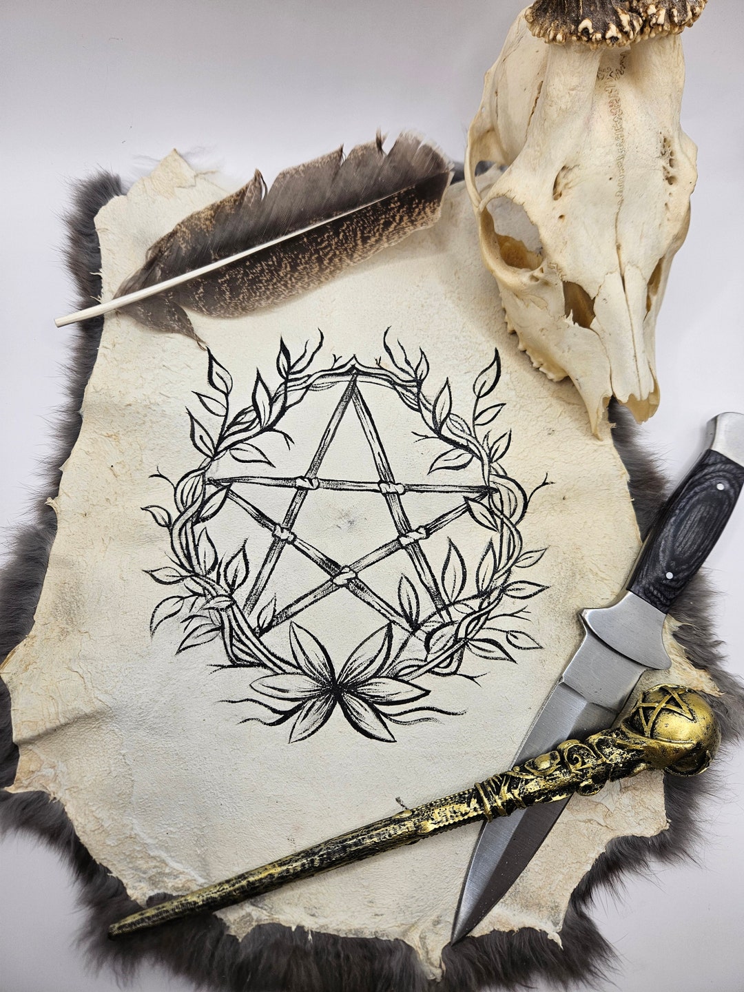 Hand Painted Rabbit Skin Pentacle Altar Cloth, Yule Gift, Pagan Yule ...